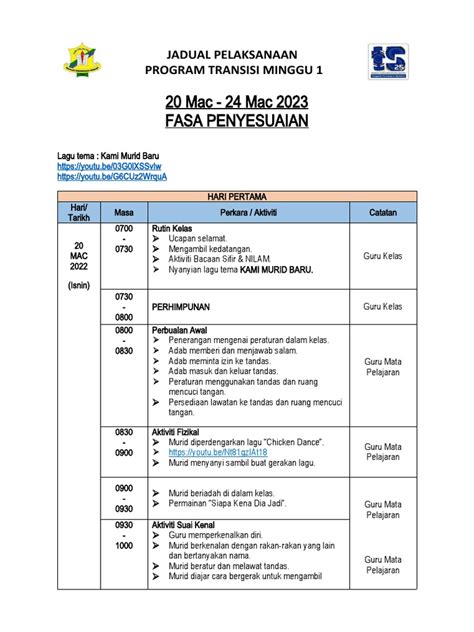 Jadual Minggu 1 Program Transisi Tahun 1 Sesi 2023 2024 Pdf