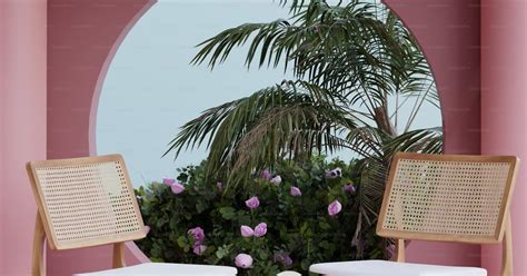 의자 2개와 테이블이 있는 분홍색 방 사진 Unsplash의 인테리어 디자인 이미지