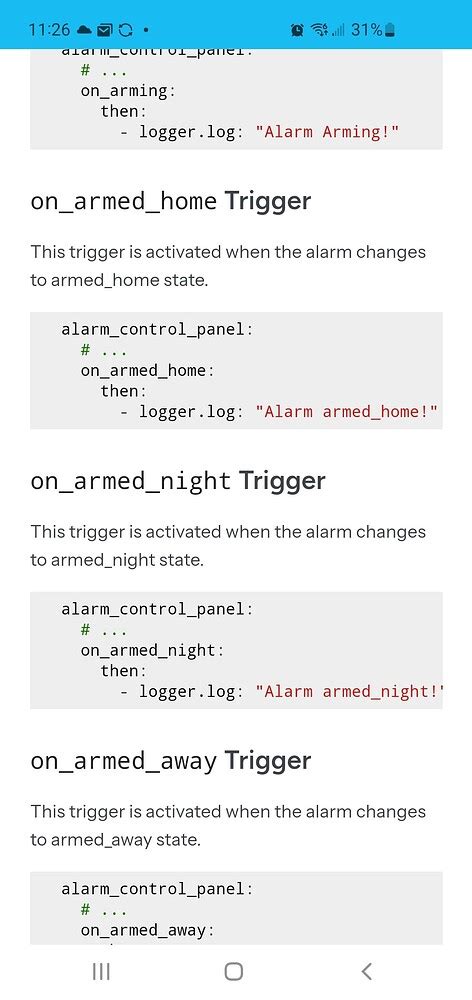 esphome alarm control panel compare panel state and string with