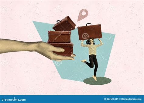 Creative Poster Collage Young Woman Relocation Luggage Valise Relocation Vacation Travel