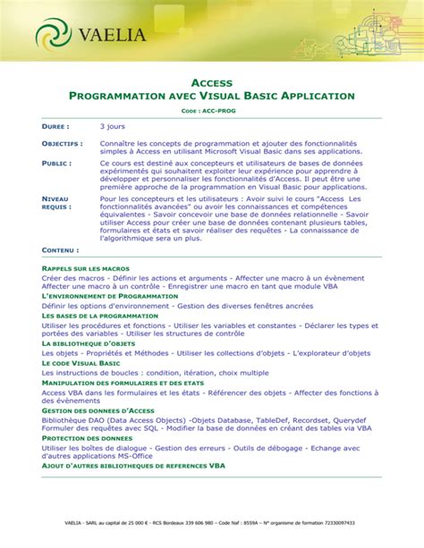access programmation avec visual basic application