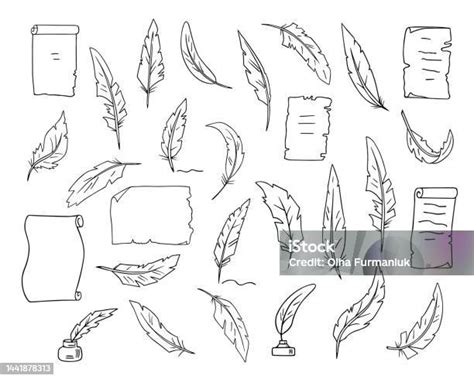 새 깃털 퀼과 스크롤 양피지 종이 시트 세트 잉크 펜과 곡선 파피루스 편지 문서 수집 손으로 그린 윤곽선 낙서 스케치 작성 말기에 대한 스톡 벡터 아트 및 기타 이미지