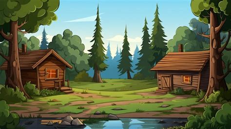Une illustration de dessin animé d une cabane avec une rivière et des