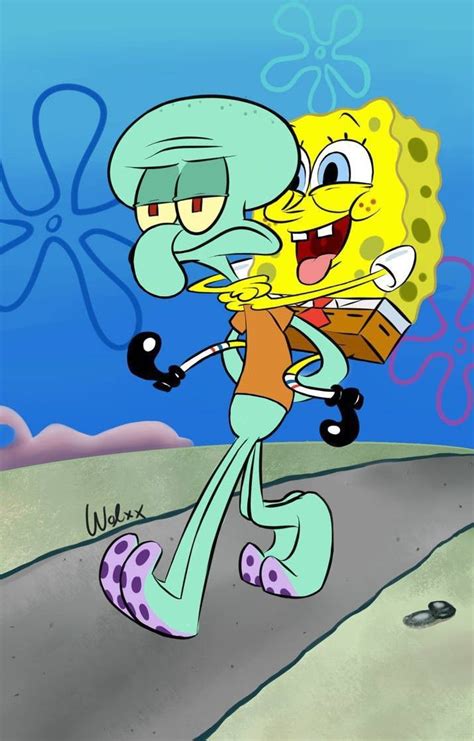 Spongebob Running With An Octopus On His Back In Front Of Him And