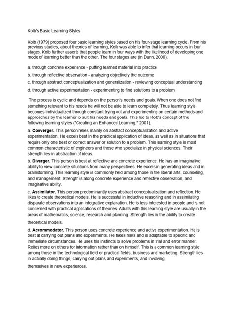 Kolb S Basic Learnig Style Pdf Learning Styles Learning