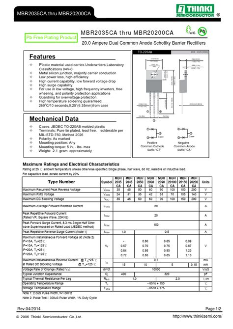 Mbr2060ca Mbr2035ca Datasheet Mbr2035ca Thinkisemiconductorpdf 20