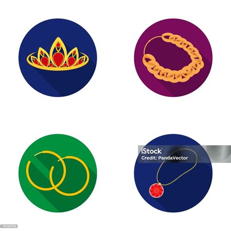 티아라 골드 체인 귀걸이 펜 던 트 돌으로 보석 및 액세서리 평면 스타일 벡터 기호 재고 일러스트 레이 션 웹에서 컬렉션 아이콘을 설정합니다 0명에 대한 스톡 벡터 아트 및