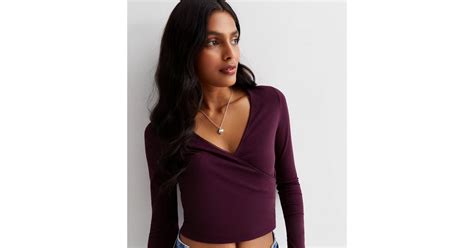 Burgundy Lace Trim Wrap Crop Top New Look