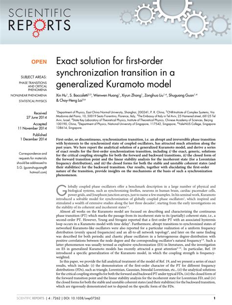 Pdf Exact Solution For First Order Synchronization Transition In A Generalized Kuramoto Model