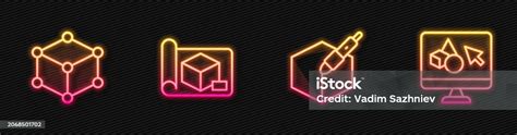 세트 라인 3d 펜 도구 아이소 메트릭 큐브 엔지니어링 및 3d 프린터 소프트웨어 용 그래프 용지 빛나는 네온 아이콘입니다 벡터