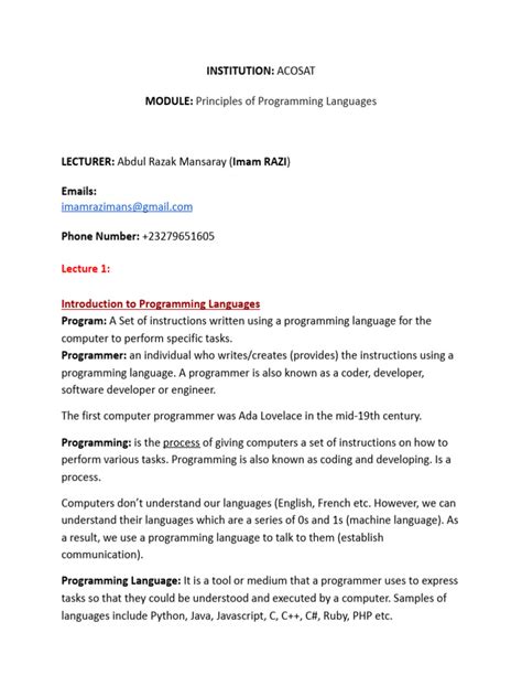 Lecture 1 Introduction To Programming Languages Pdf Computer
