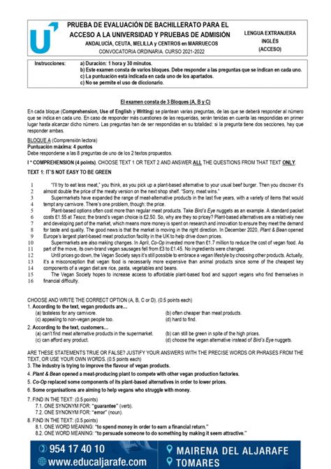 Examen de Inglés de Selectividad Andalucía Educaljarafe