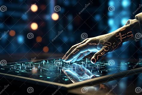 Coding Monitor Touched By Robotic Hands Demonstrating Advanced Automation Capabilities Stock