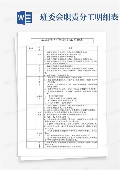 班委会职责分工明细表word模板下载编号qdbkvgvo熊猫办公