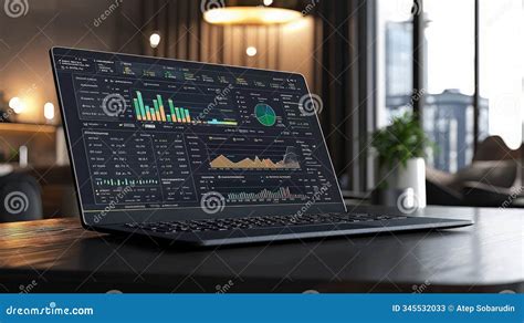 Laptop With Data Analytics Dashboard On Screen In A Modern Office Setting Stock Image Image Of