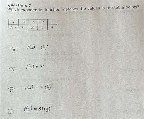 Solved Question 7 Which Exponential Function Matches The Values In