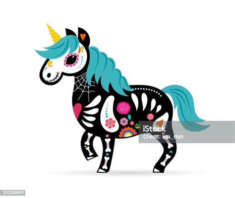 죽은 자의 날 디아 드 로스 무에르토스 유니콘 두개골과 화려한 멕시코 요소와 꽃으로 장식 해골 축제 할로윈 휴일 포스터 파티