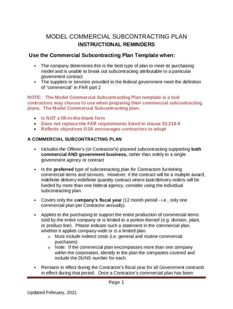 Model Individual Subcontracting Plan Instructional Reminders Doc