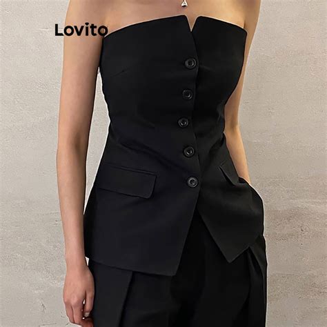 Lovito Regata Casual Botão Liso Para Mulheres LNL39074 Preto