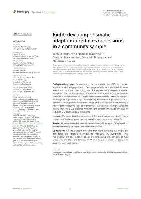 Pdf Right Deviating Prismatic Adaptation Reduces Obsessions In A