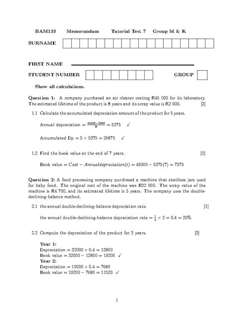 Tut Test 7 M K Memo BAM133 Memorandum Tutorial Test 7 Group M K SURNAME FIRST