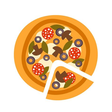 Fresh Pizza With Mushrooms Cheese Olives And Salami Flat Vector