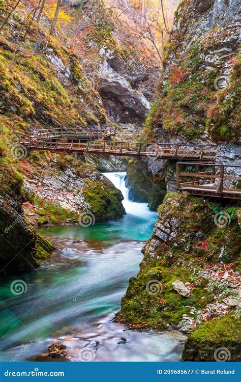 Famous And Beloved Vintgar Gorge Canyon With Wooden Path In Beautiful