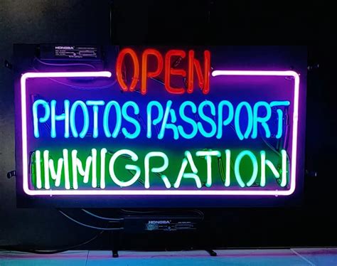 Neon Light Signs Open Photos Passport Immigration With Pink Border Glass Sign