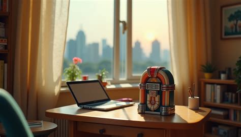 Miniature Workspace Featuring A Tiny Vintage Jukebox On A Small Desk