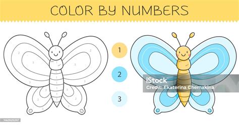 나비와 함께 아이들을위한 숫자 색칠 공부 책으로 색칠하십시오 색칠하기 위한 예제가 있는 귀여운 만화 나비가 있는 색칠 공부 페이지 흑백 및 컬러 버전 벡터 그림입니다 0명에