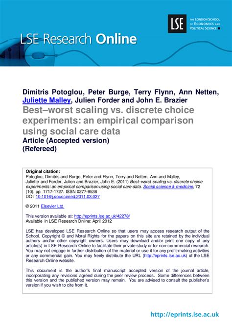 Pdf Best Worst Scaling Vs Discrete Choice Experiments An Empirical