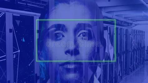 In Data Center Face Recognition Animation Processing Over Servers In Operation Stock Footage