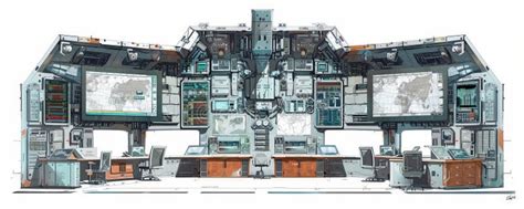 A Detailed Drawing Of A Military Command Center Featuring Its Communication Arrays Control