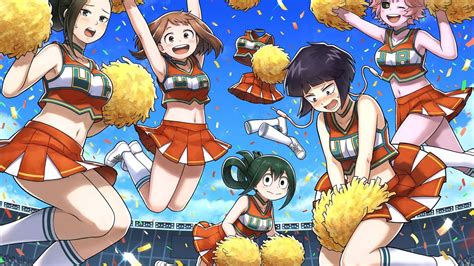 Обои на рабочий стол Аниме Прыжок Улыбка Униформа Юбка Носки Желтые Глаза Зеленые Глаза