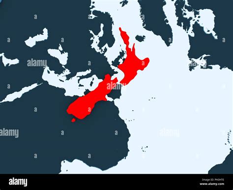 New Zealand In Red On Blue Political Map With Transparent Oceans 3D