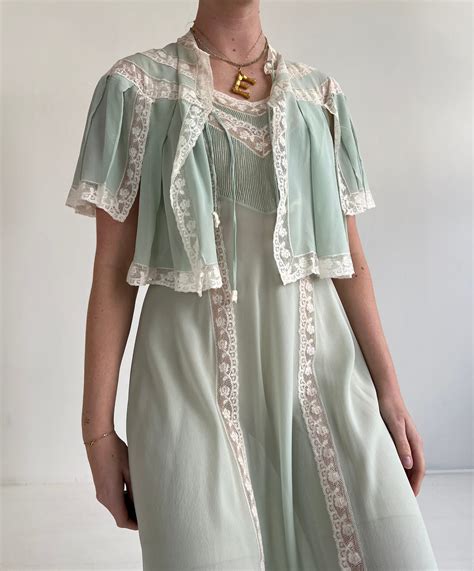1930s Pale Green Silk And White Lace Slip Dress And Jacket Set