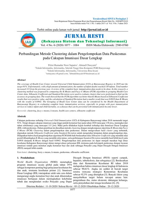 PDF Perbandingan Metode Clustering Dalam Pengelompokan Data Puskesmas Pada Cakupan Imunisasi