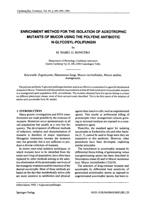 Pdf Enrichment Method For The Isolation Of Auxotrophic Mutants Of Mucor Using The Polyene