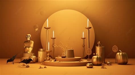 호박과 황금 배경 금색 배경에 제품 연단이 있는 3d 그림 고급 레이아웃 할로윈 장면 고화질 사진 사진 표시하다 배경