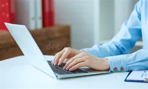 Close Up Of Female Hands Typing On Laptop Keyboard Stock Photo Image Of Devices Business