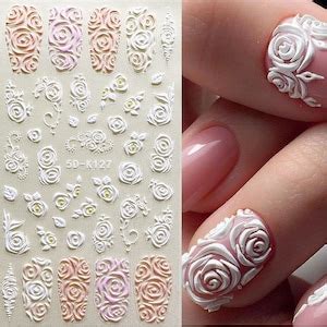 D Nail Stickers Rose Stickers Elegant Embossed Floral Decals White Wedding Nail Design Self