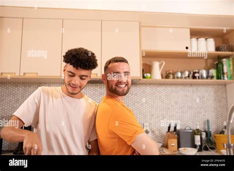 Caucasian Gay Couple Cooking In Banque De Photographies Et Dimages à