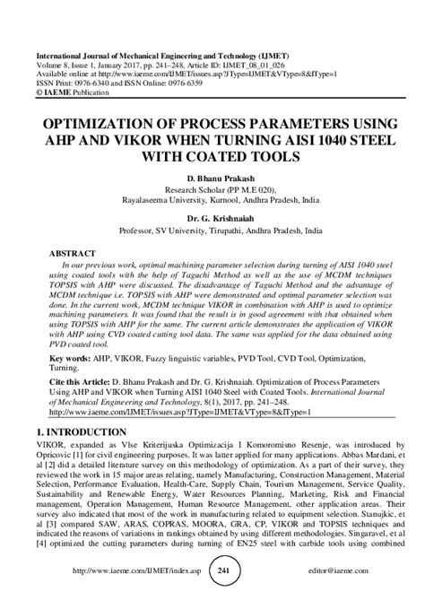 Pdf Optimization Of Process Parameters Using Ahp And Vikor When Turning Aisi 1040 Steel With
