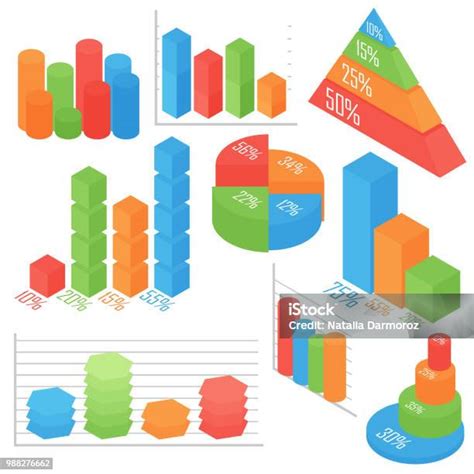 아이소메트릭 벡터 일러스트 레이 션의 다채로운 다이어그램 및 차트 비즈니스와 통계 Infographic 요소 만화 스타일에서 설정합니다 입체 이미지에 대한 스톡 벡터 아트