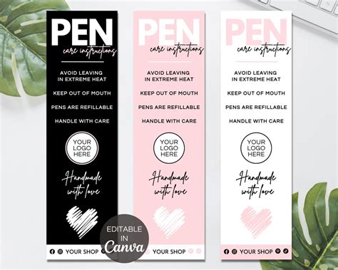 Pen Care Card Template Epoxy Pen Care Cards Editable Gel Pen Care
