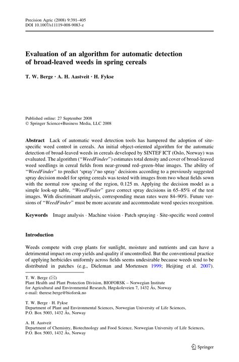 Pdf Evaluation Of An Algorithm For Automatic Detection Of Broad Leaved Weeds In Spring Cereals