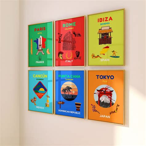 Famous Places Wall Art Set Mexico Dominican Republic Japan France Italy