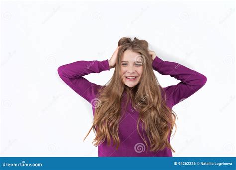 Close Up Portrait Of A Young Positive Smiling Girl In Casual Clothes