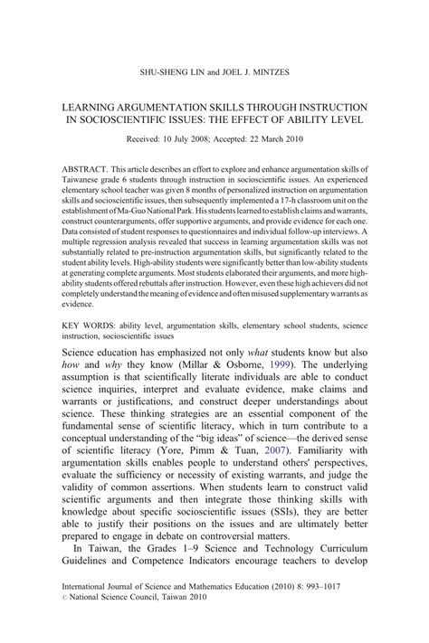 Pdf Learning Argumentation Skills Through Instruction In Socioscientific Issues The Effect Of