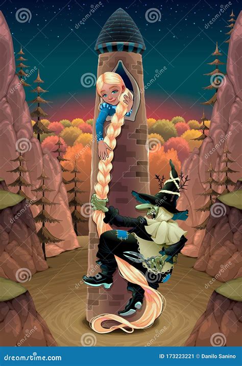 Rapunzel En La Torre Con La Bruja Ilustración Del Vector Ilustración De Feliz Historieta